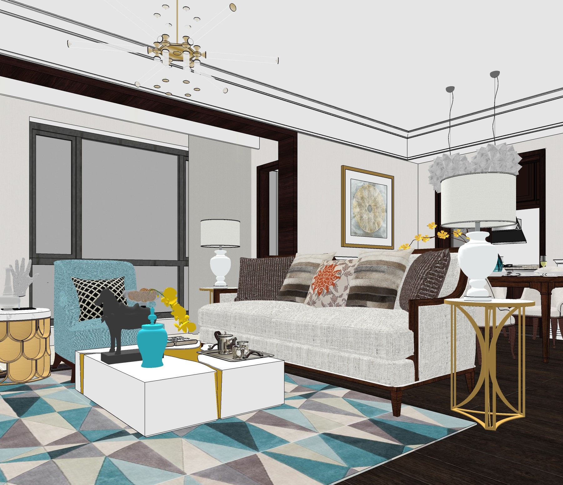 现代美式客厅设计草图大师模型,家装su模型下载 Sketchup网